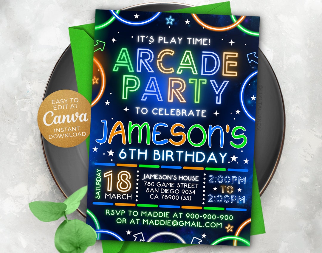 Editable Arcade Birthday Party Invitation, Gaming Arcade Birthday Party ...