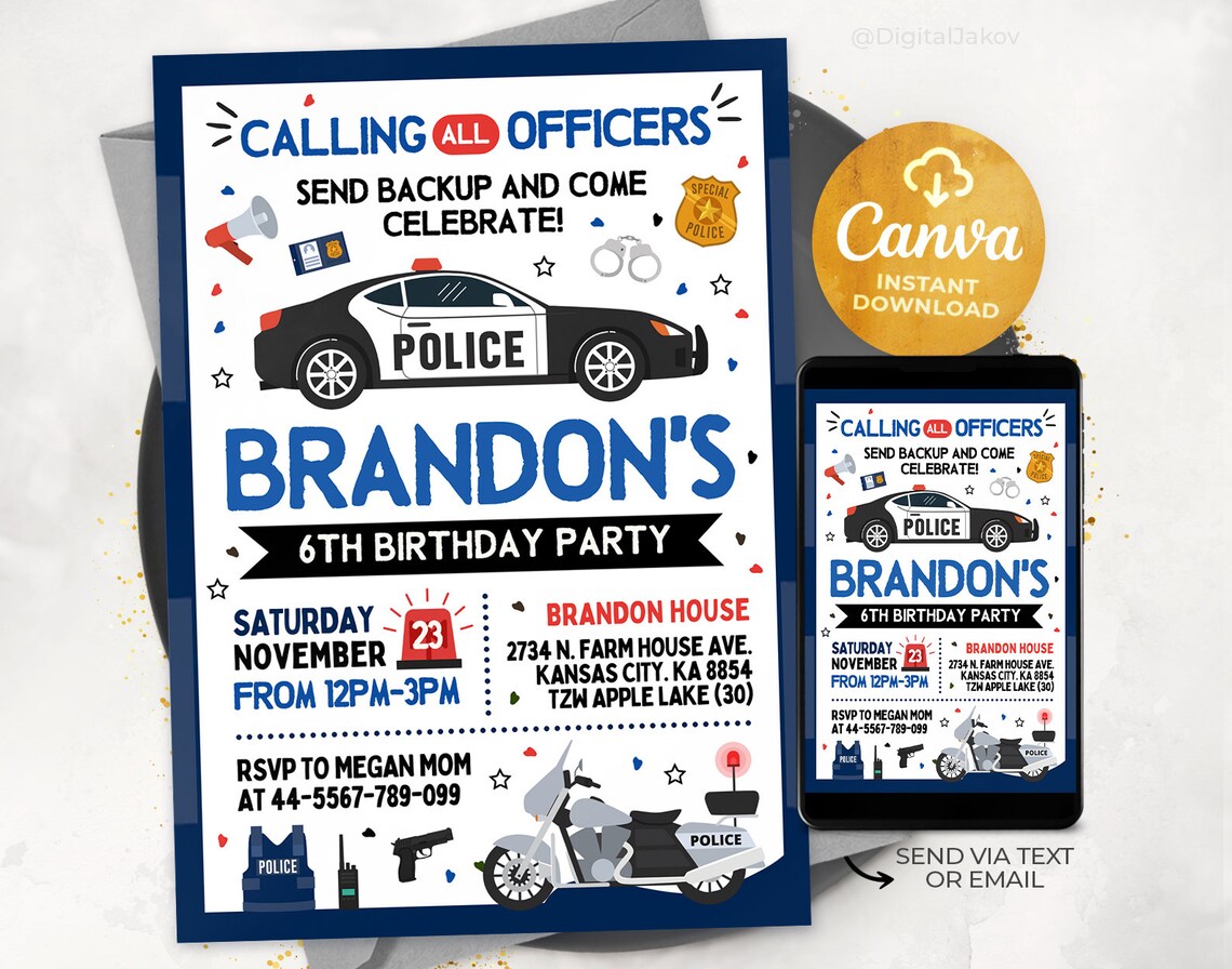 Editable Police Birthday Invitation, Police Invitation, Sheriff ...