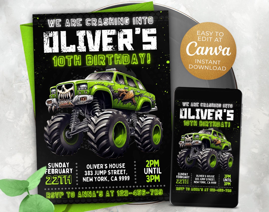 Editable Monster Truck Birthday Invitation Template, Printable Birthday ...