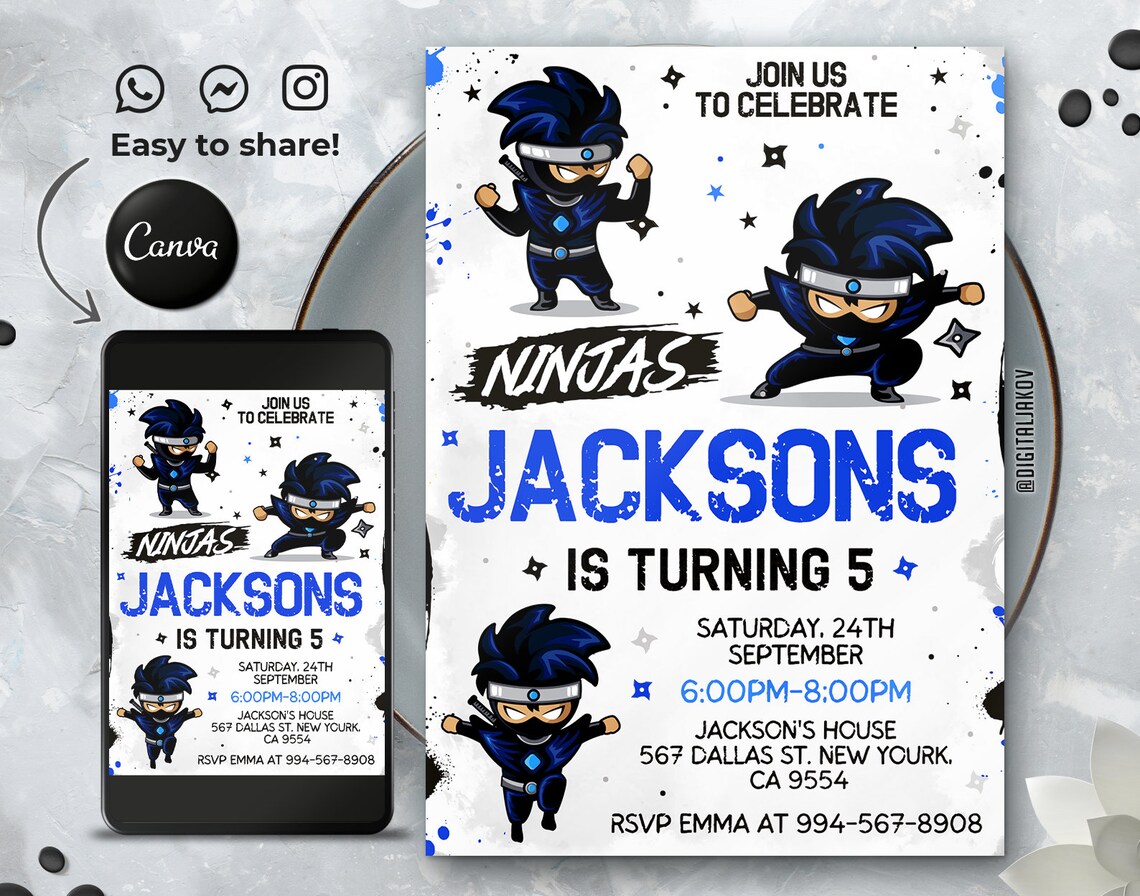 Editable Ninja Invitation Template, Printable Birthday Party Invitations, Digital Kids Party ...