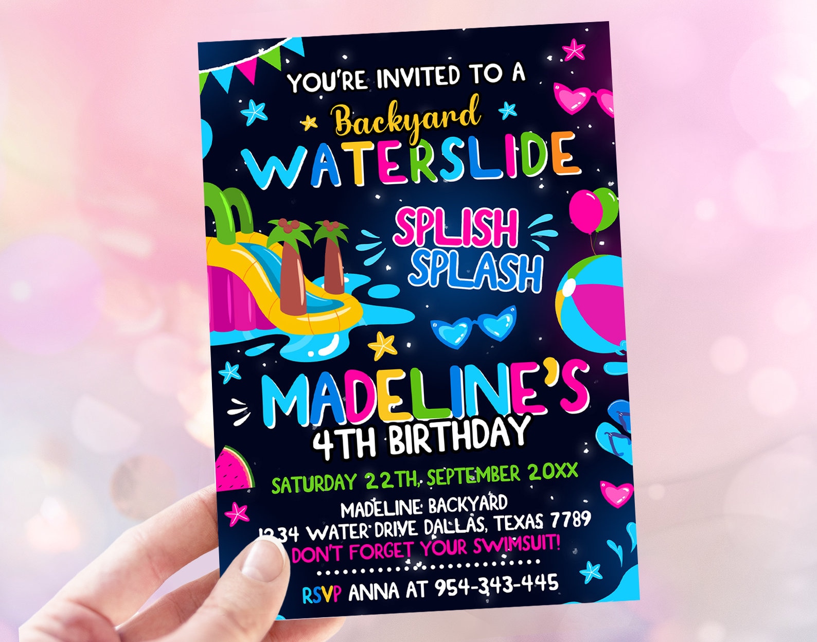 Editable Water Slide Girl Invitation, Slide Invitation, Water Slide ...