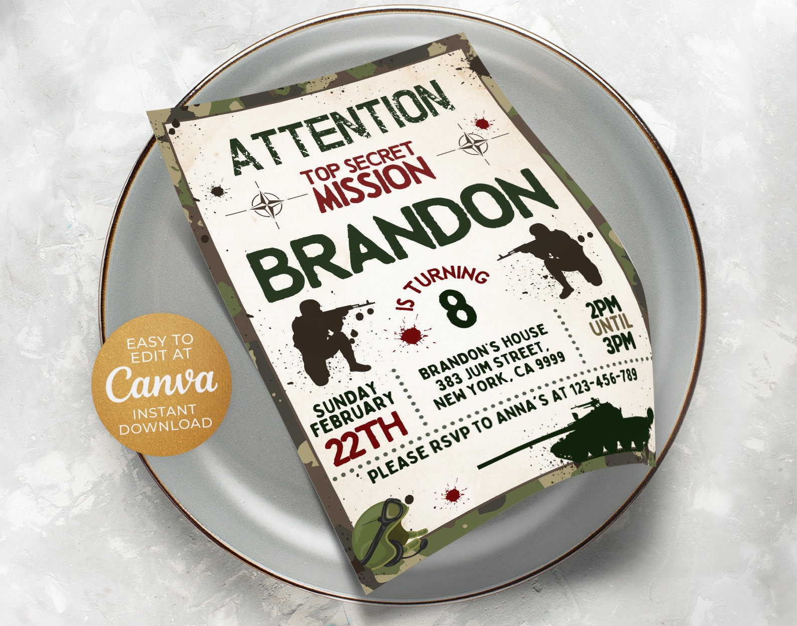 Editable Army Invitation Template Cat Invitation Printable - Etsy