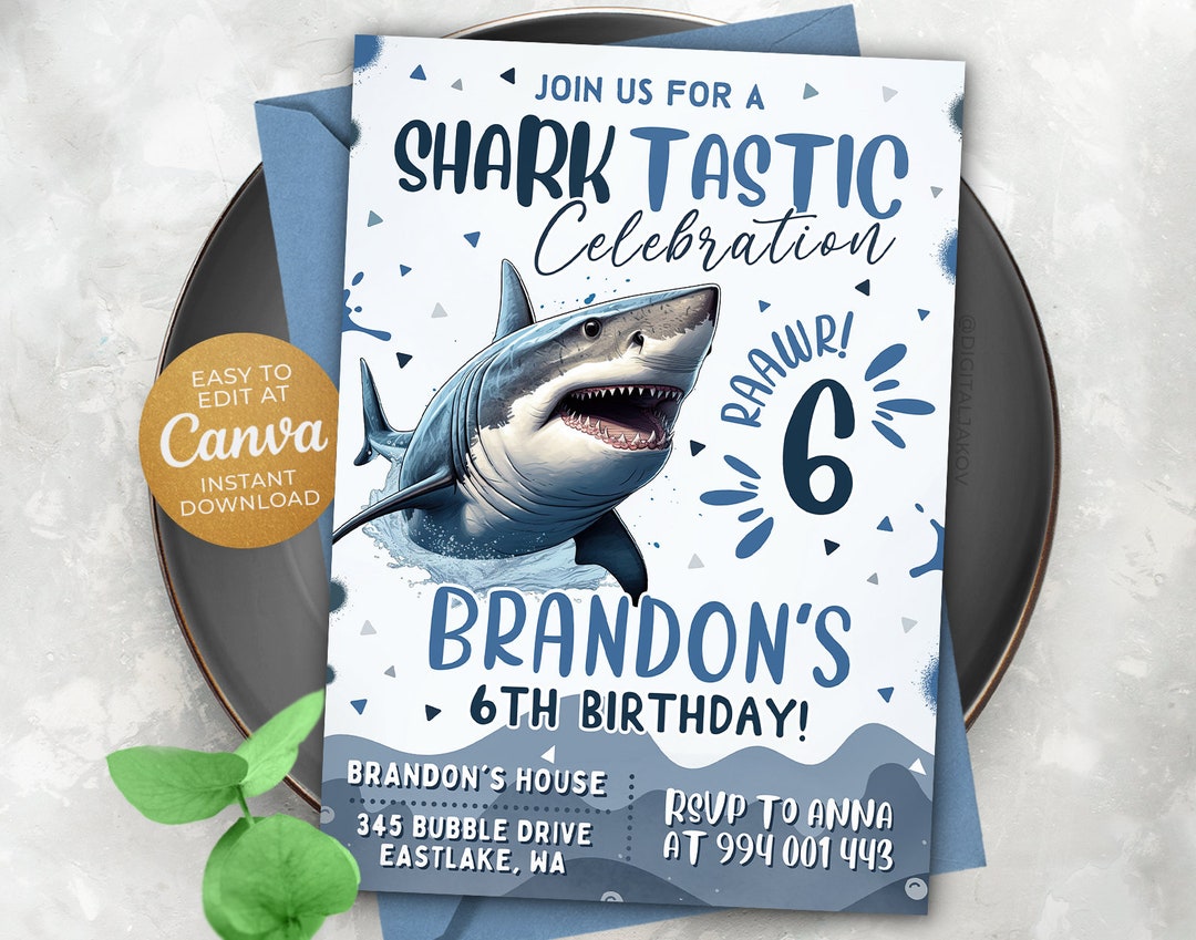 Editable Shark Invitation, Shark Invites, 5x7 Canva NEWS1 - Etsy