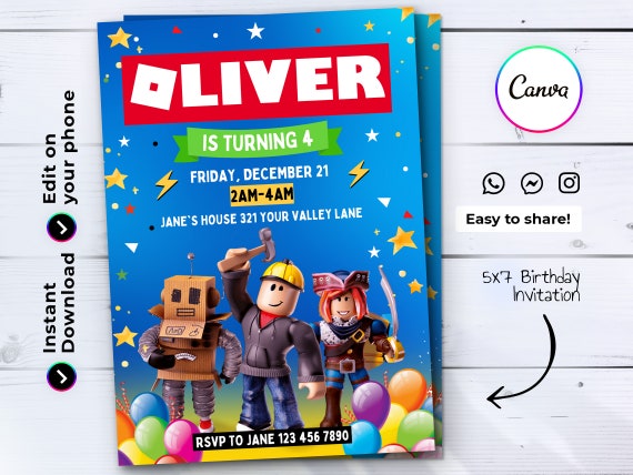 Editable Roblox Birthday Invitation Template, Printable Birthday Party ...