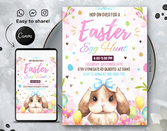 Easter Egg Hunt Invitation, Party with Peeps, Easter Bunny Invite, Gold ...