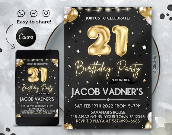 Editable 21th Birthday Invitation Template, Printable Birthday Party ...