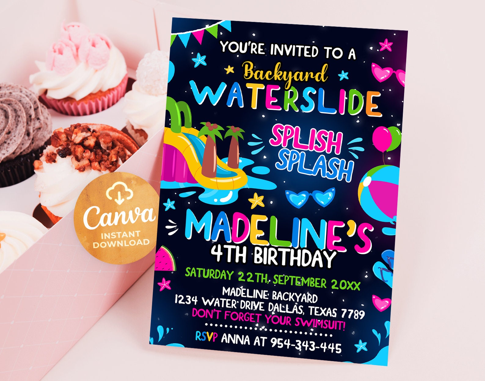 Editable Water Slide Girl Invitation, Slide Invitation, Water Slide ...