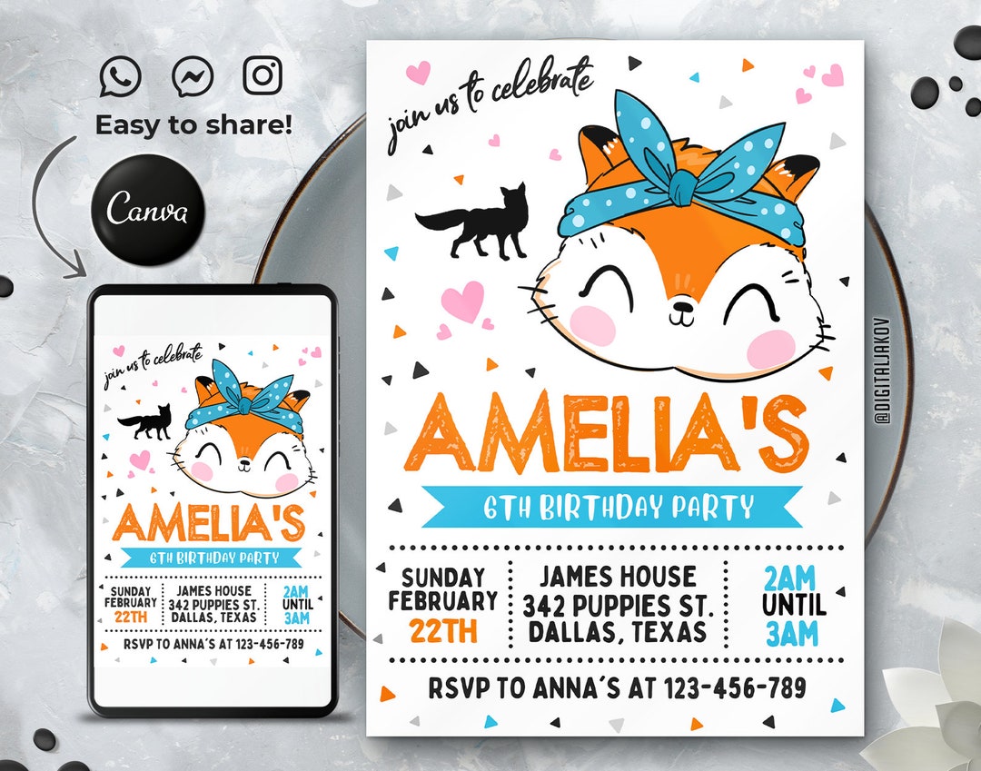 Editable Fox Birthday Invitation Template, Printable Birthday Party ...