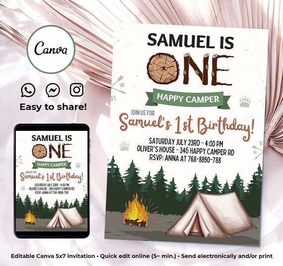 Editable Happy Camper Birthday Invitation Template, Printable Birthday Party Invitations ...