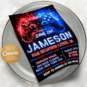 Video Game Party Invitation, Printable Gamer Birthday Invite, Neon ...