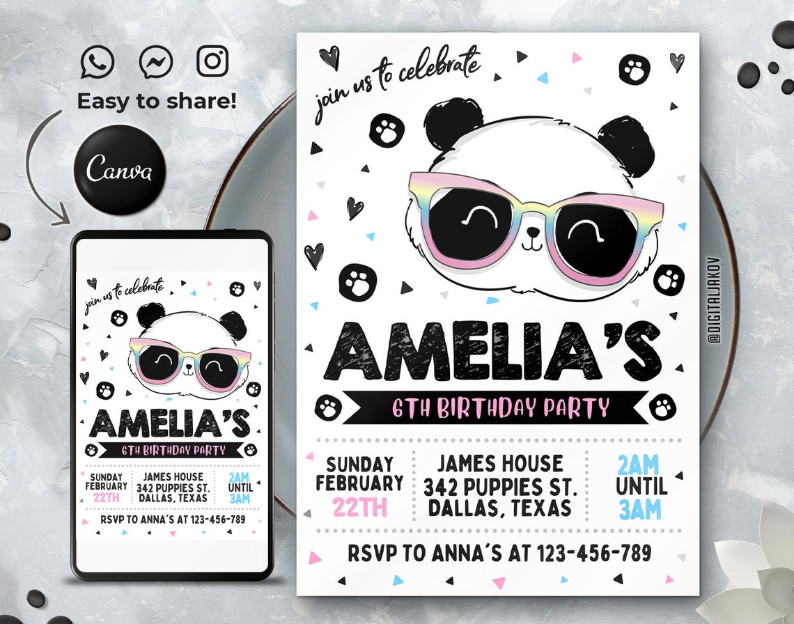 Editable Rainbow Panda Birthday Invitation Template Printable - Etsy