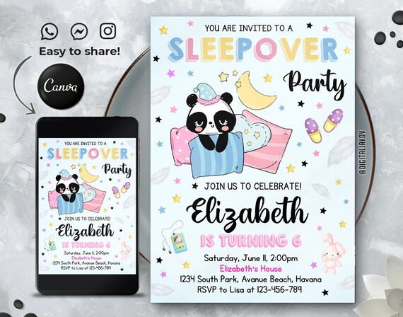 Editable Sleepover Panda Invitation Template, Cat Invitation, Printable ...