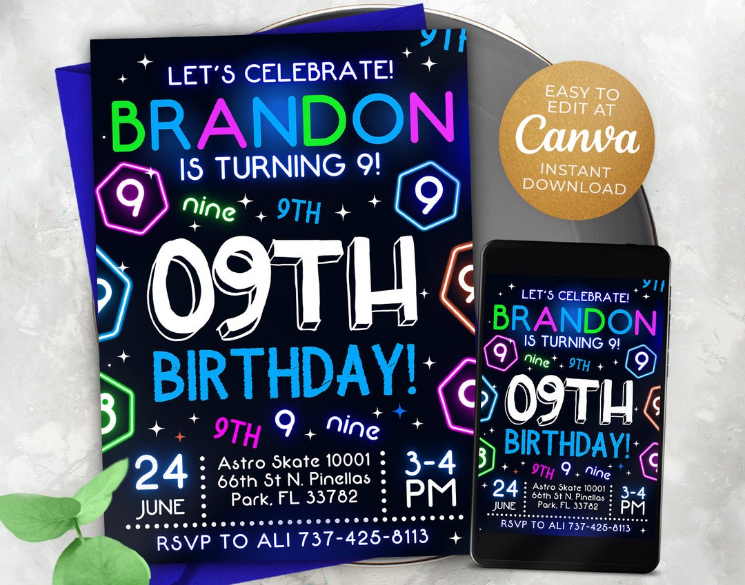 9th Birthday Invitation, Boy Birthday Invitation, Gamer Neon Invitation ...