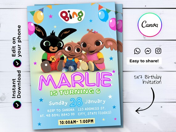 Editable Bing Birthday Invitation Template, Printable Birthday Party ...