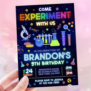 Science Birthday Invitation, Boy Science Party Template, Rainbow Neon ...