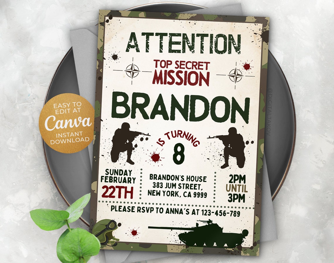 Editable Army Invitation Template Cat Invitation Printable - Etsy