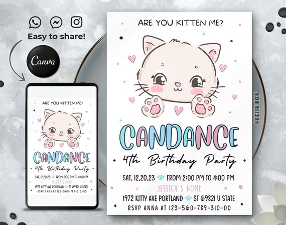 Editable Kitten Invitation Template, Cat Invitation, Printable Birthday ...