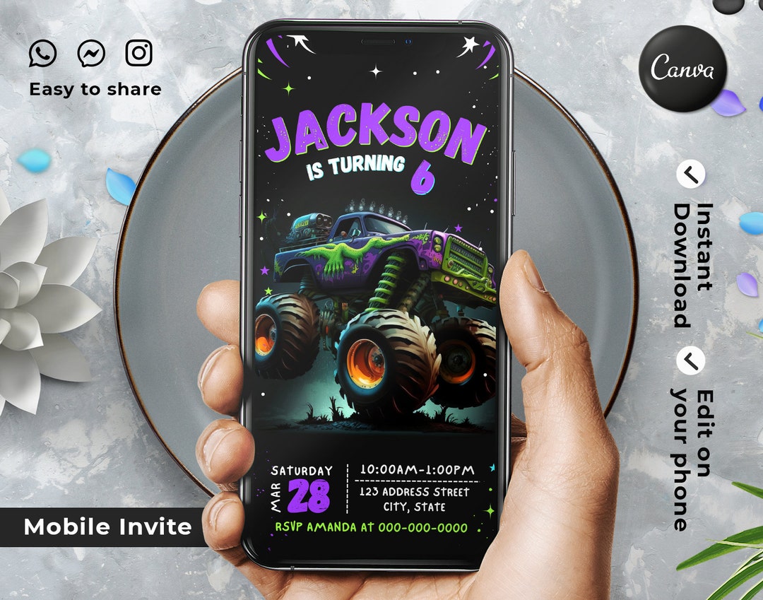 Editable Monster Truck Mobile Invitation Template | Birthday Party ...