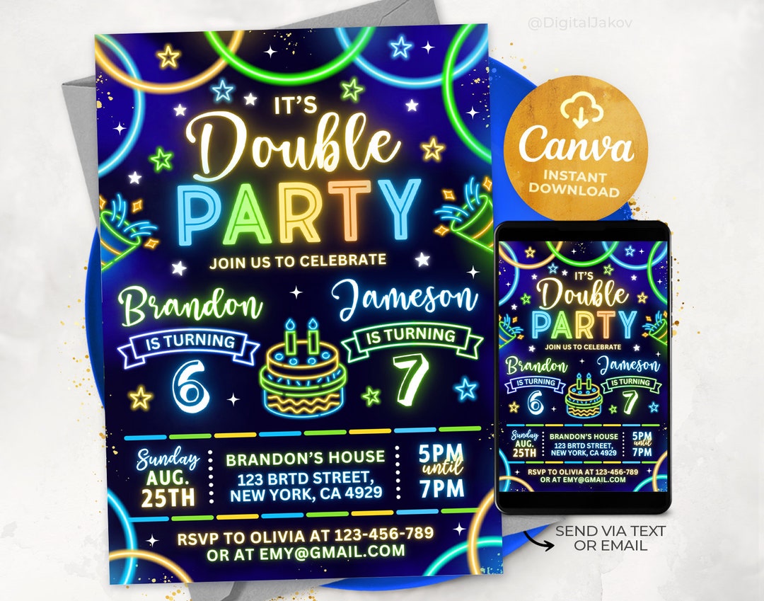 Double Birthday Invitation for Boys, Neon Joint Birthday Invitation ...