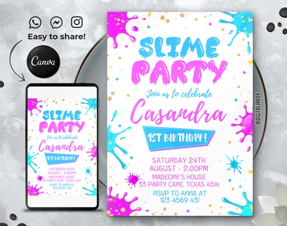 Editable Slime Birthday Invitation Template, Printable Birthday Party ...