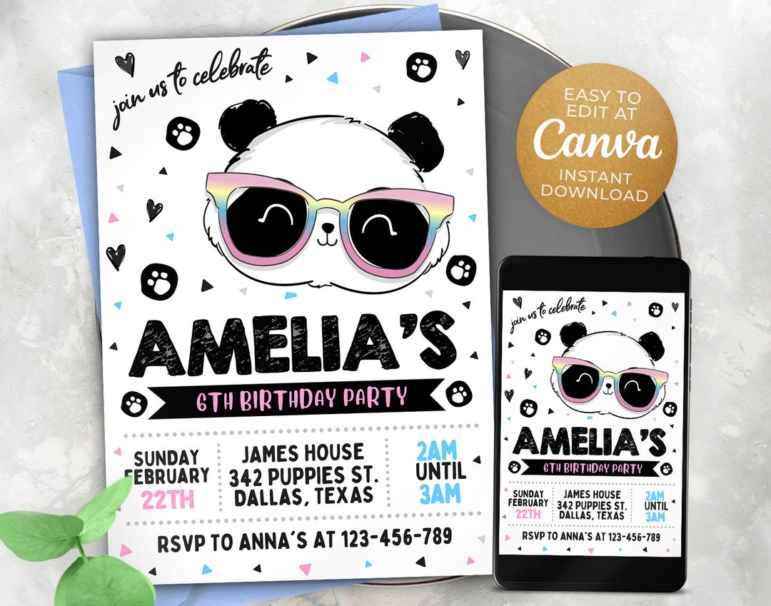 Editable Rainbow Panda Birthday Invitation Template, Printable Birthday ...