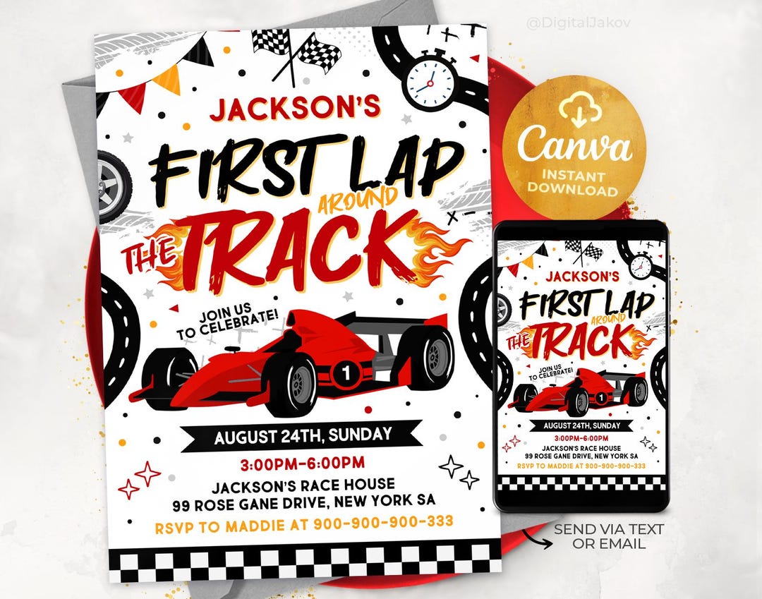 Race Car First Birthday Invitation, First Lap Around the Track Invite ...