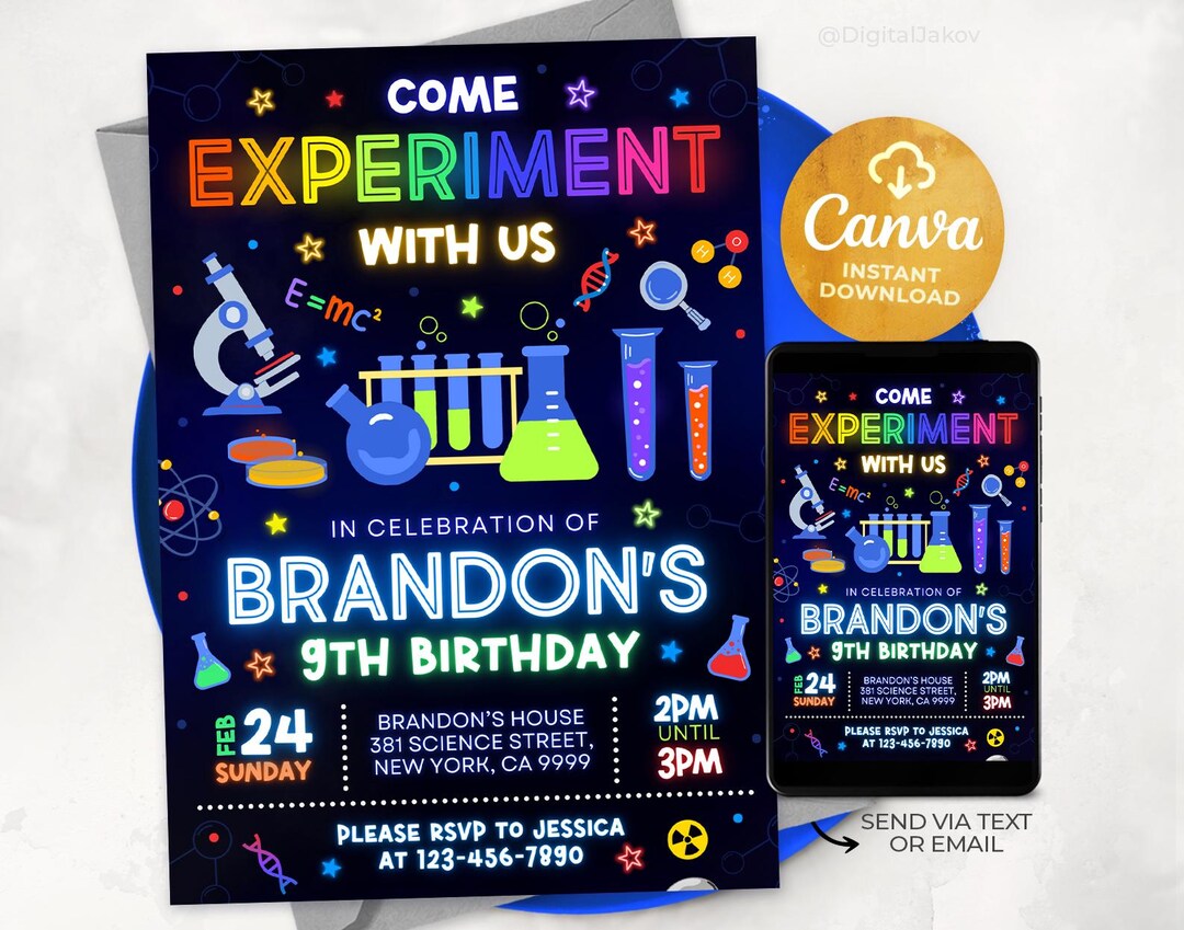 Science Birthday Invitation, Boy Science Party Template, Rainbow Neon ...
