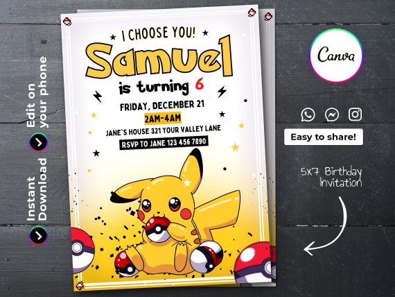 Editable Pikachu Birthday Invitation Template, Printable Birthday Party ...