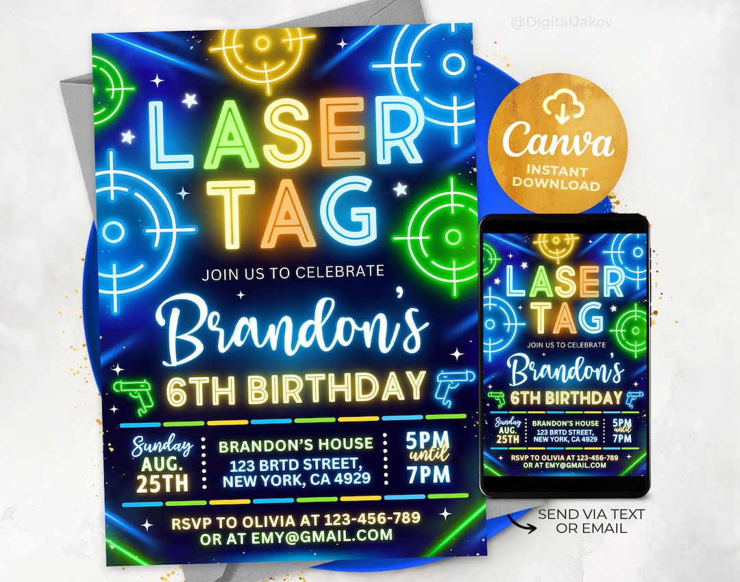 Laser Tag Birthday Invitation Template, Laser Tag Invitation, Neon Glow ...