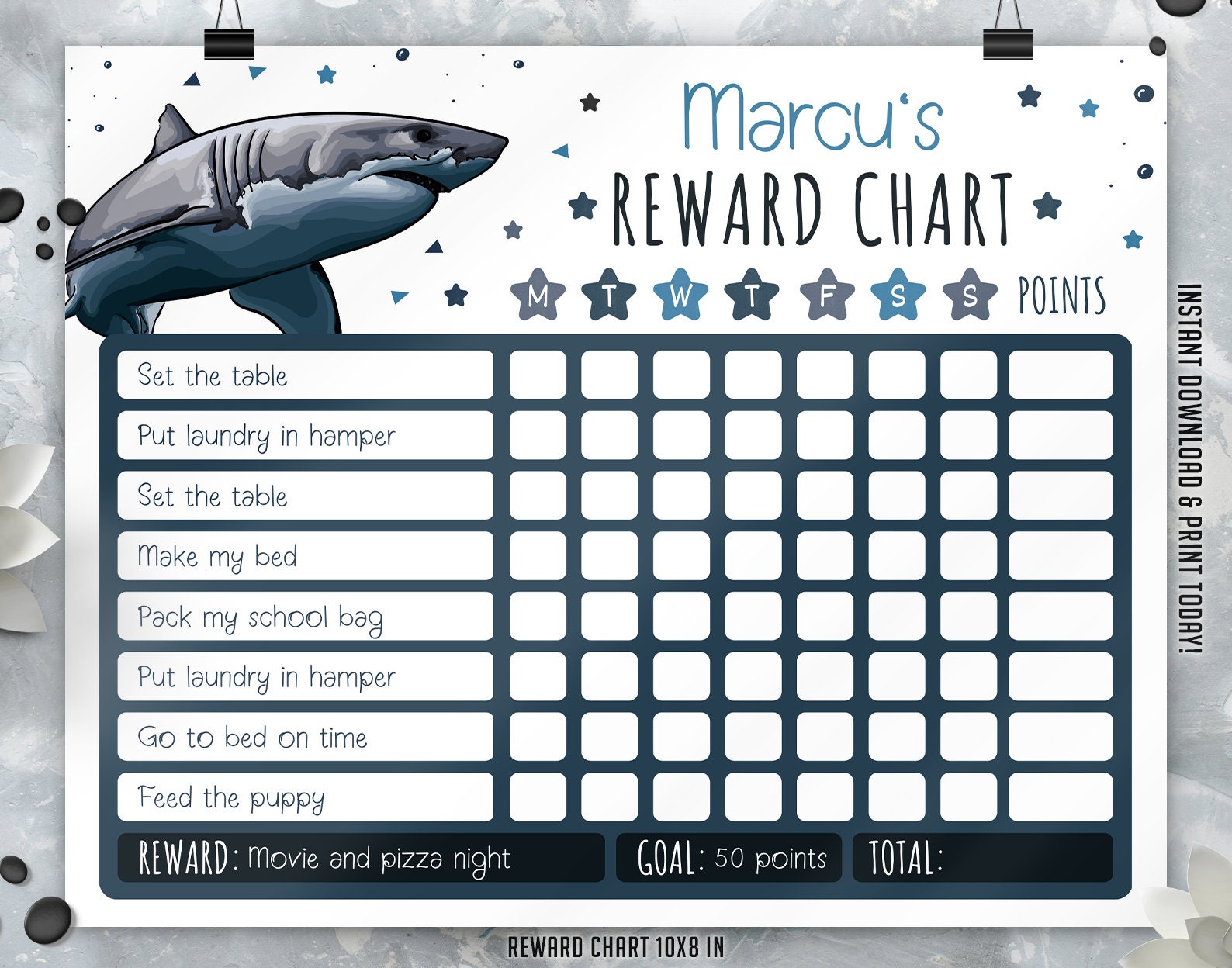 EDITABLE Shark Reward Chart Shark Behavior Chart Chore - Etsy