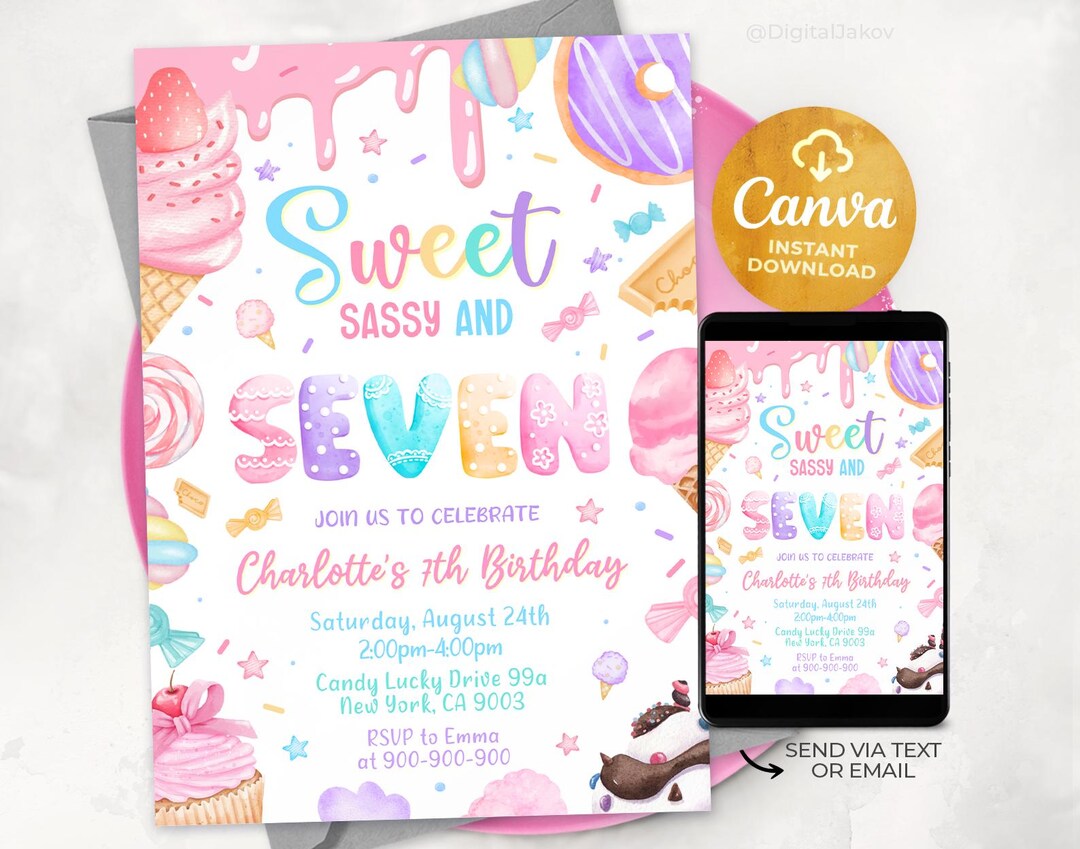 Sweet Sassy and Seven Birthday Invitation, Girl 7th Birthday Invitation ...