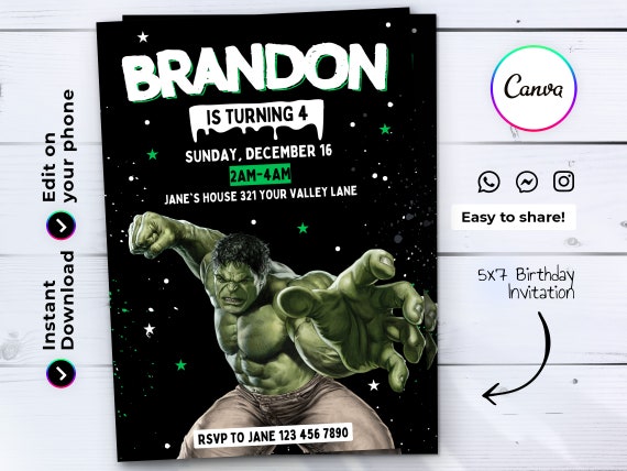 Editable HULK Birthday Invitation Template, Printable Birthday Party ...