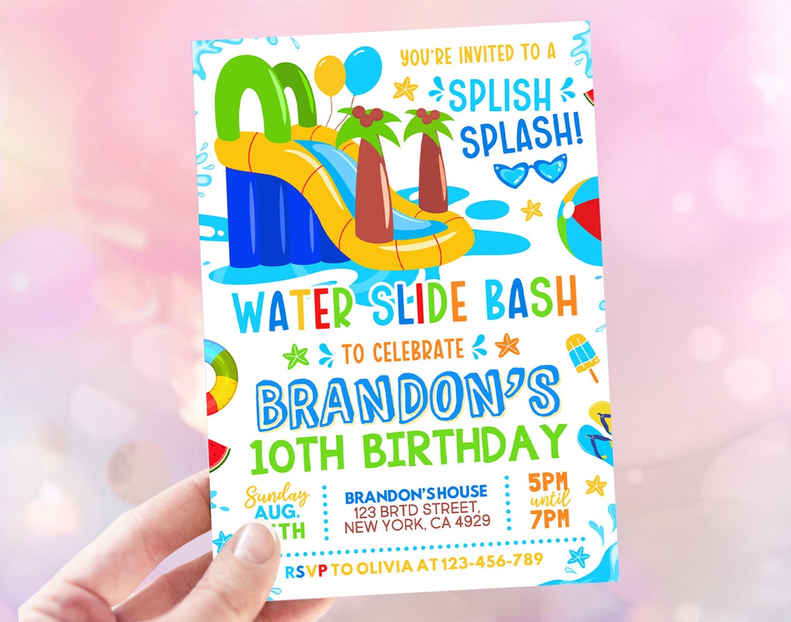 Water Slide Birthday Invitation, Water Slide Summer Invitation Template ...