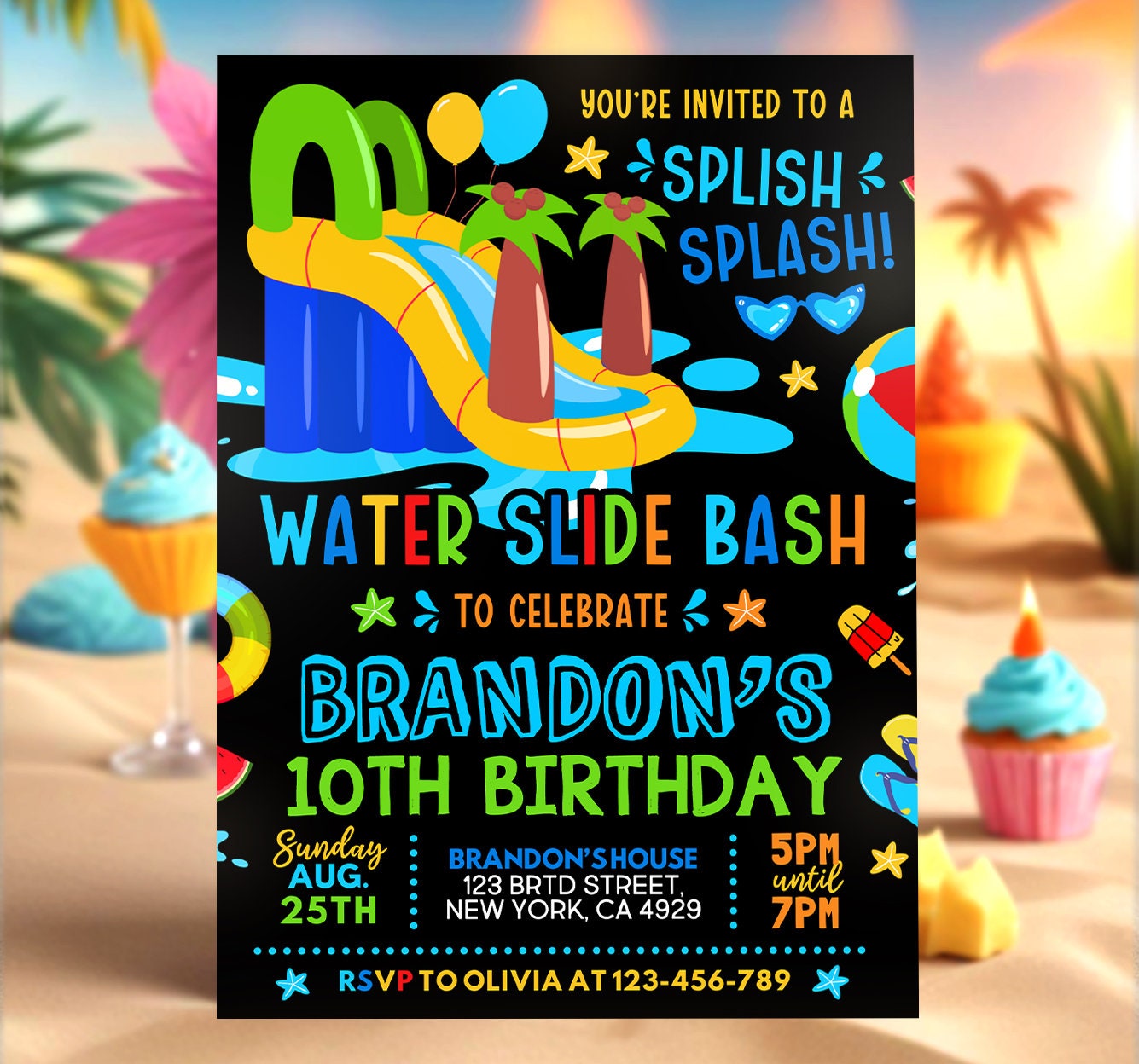 Water Slide Birthday Invitation, Water Slide Summer Invitation Template ...