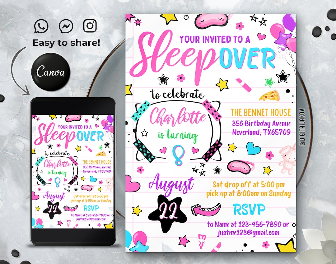 Editable Sleepover Birthday Invitation Template Printable Etsy
