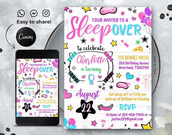 Editable Sleepover Birthday Invitation Template, Printable Birthday ...