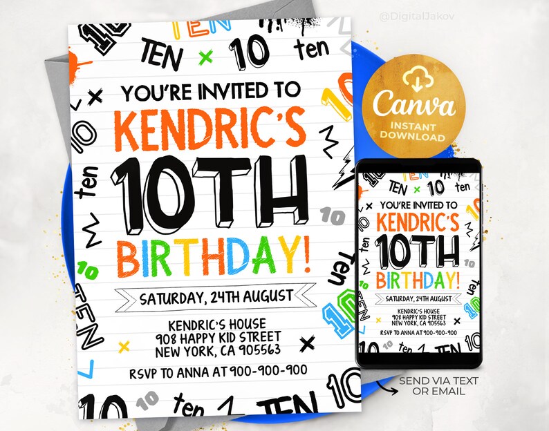 10th Birthday Invitation, Boy Birthday Invitation, Canva Editable ...