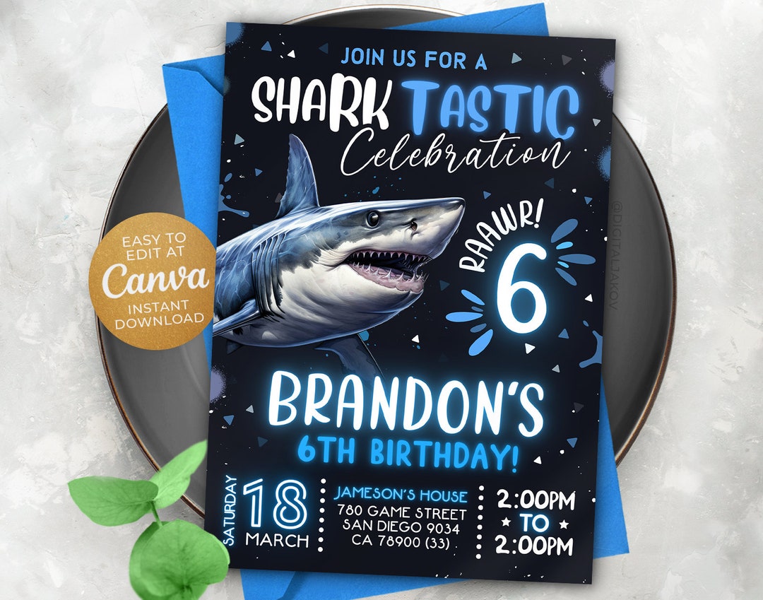 Editable Shark Invitation, Shark Invites, 5x7 Canva NEWS2 - Etsy