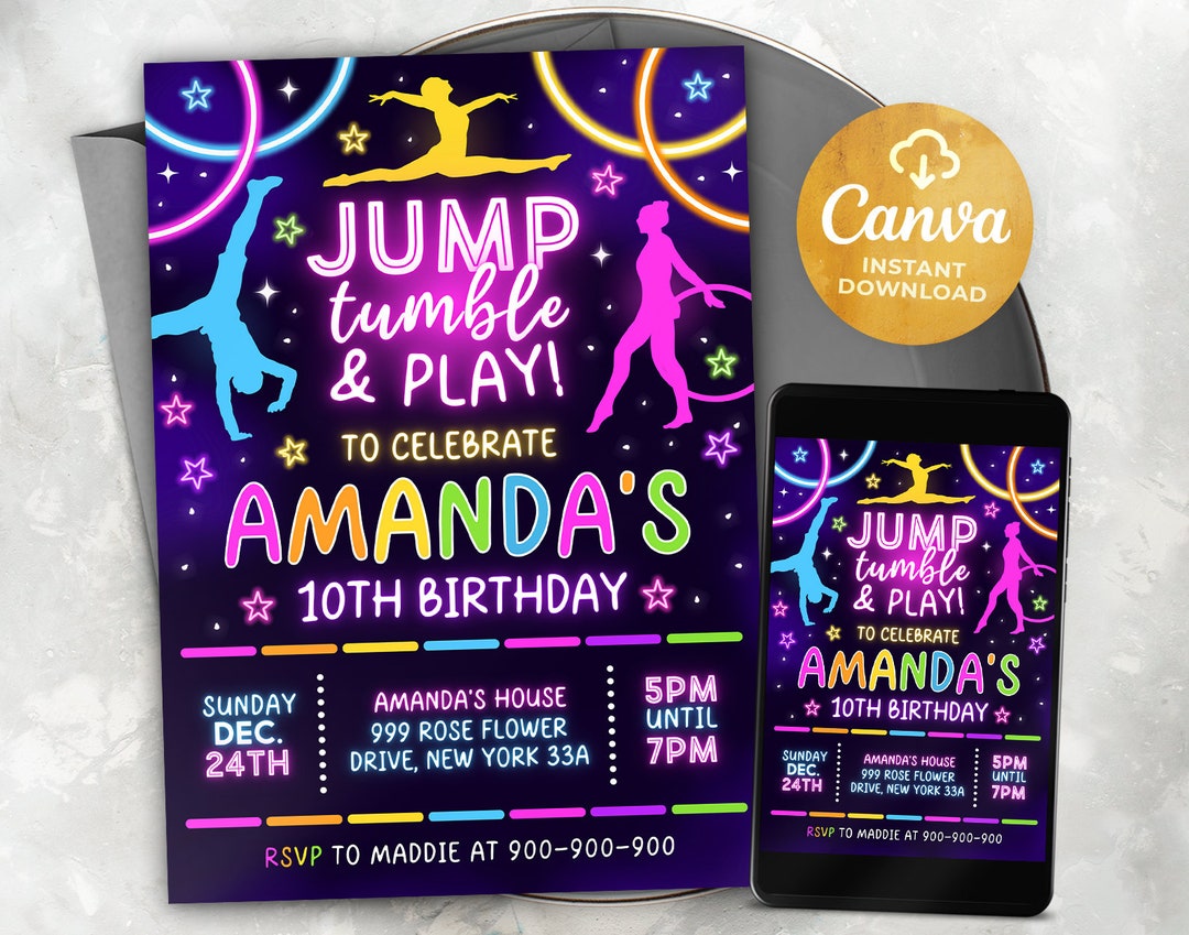 Gymnastics Birthday Invitation, Girl Gymnastics Birthday Party Invite ...