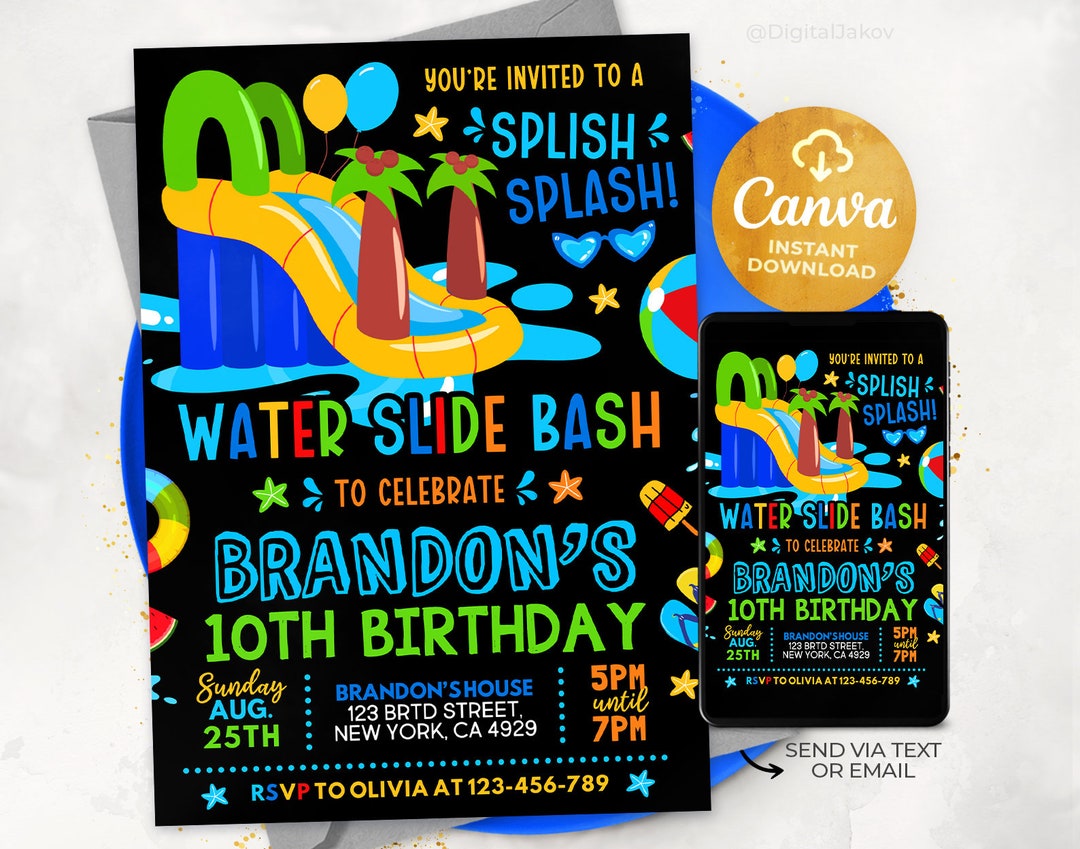 Water Slide Birthday Invitation, Water Slide Summer Invitation Template ...