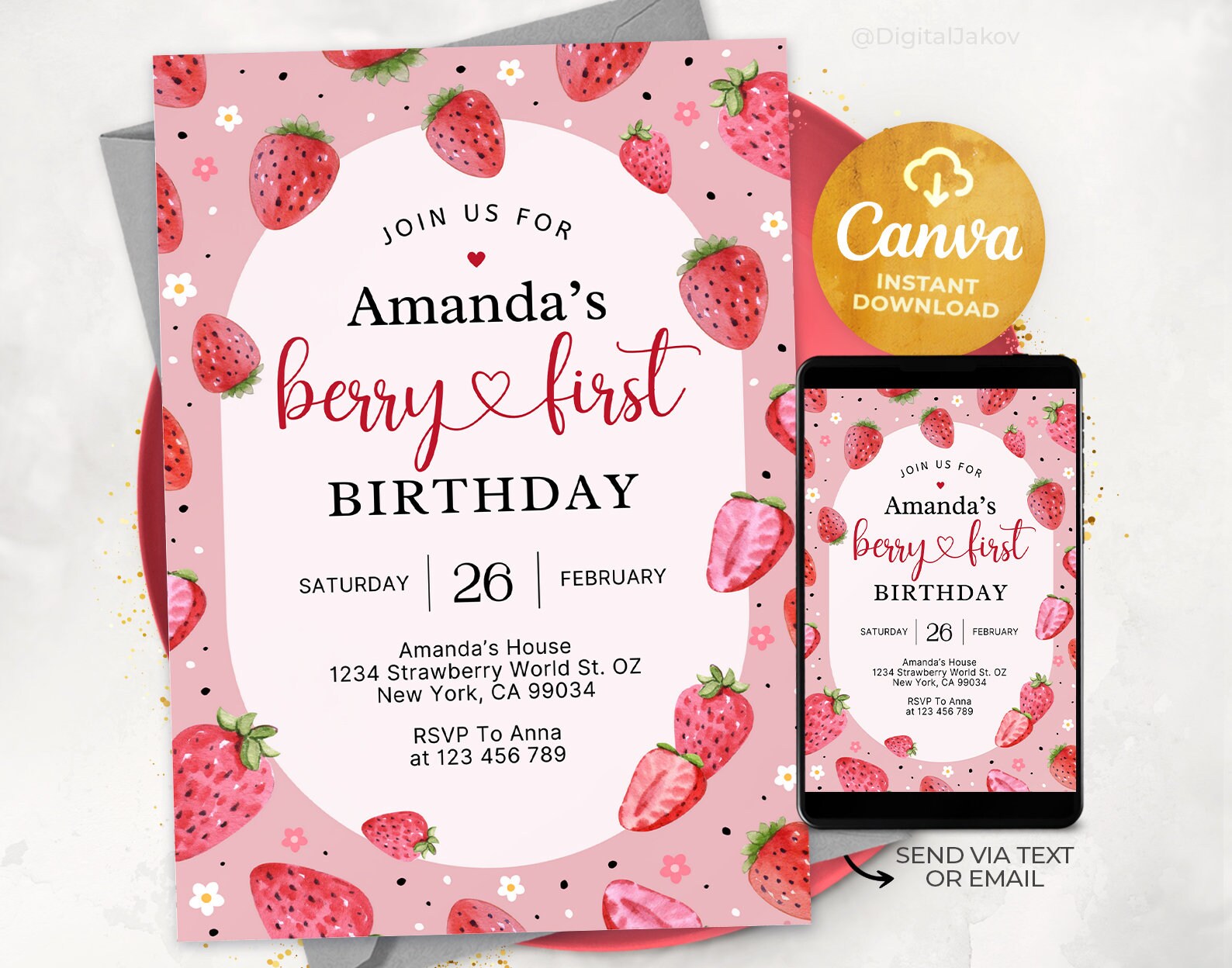 Editable Berry First Birthday Invitation Template, Berry First Birthday ...