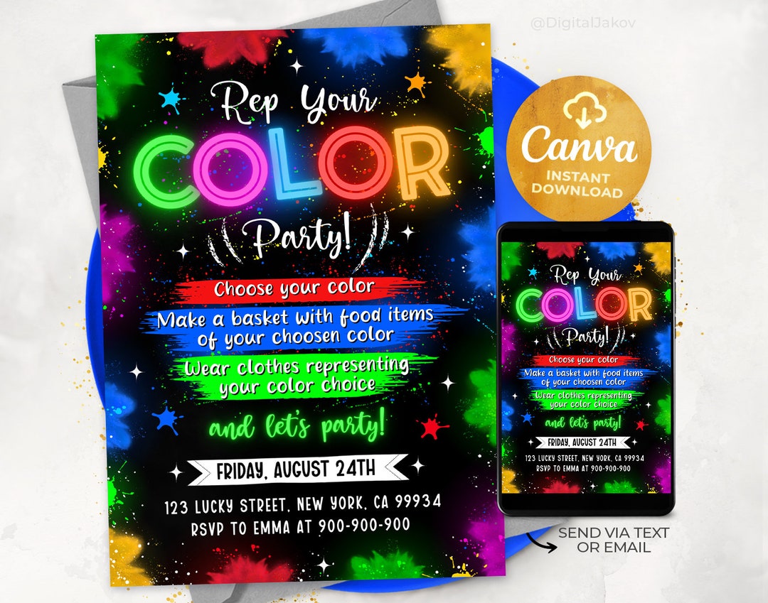 Color Party Invitations, Colour Splash Party, Rainbow Invite, Coloring ...