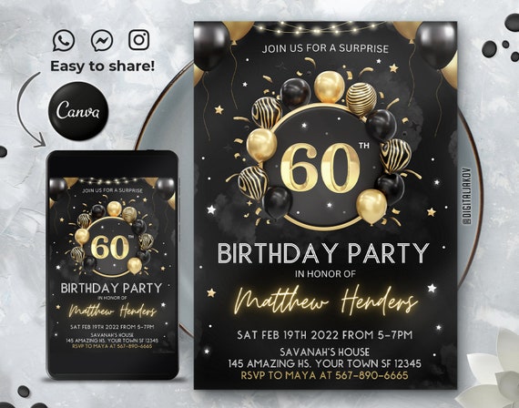 Editable 60th Birthday Invitation Template, Printable Birthday Party ...
