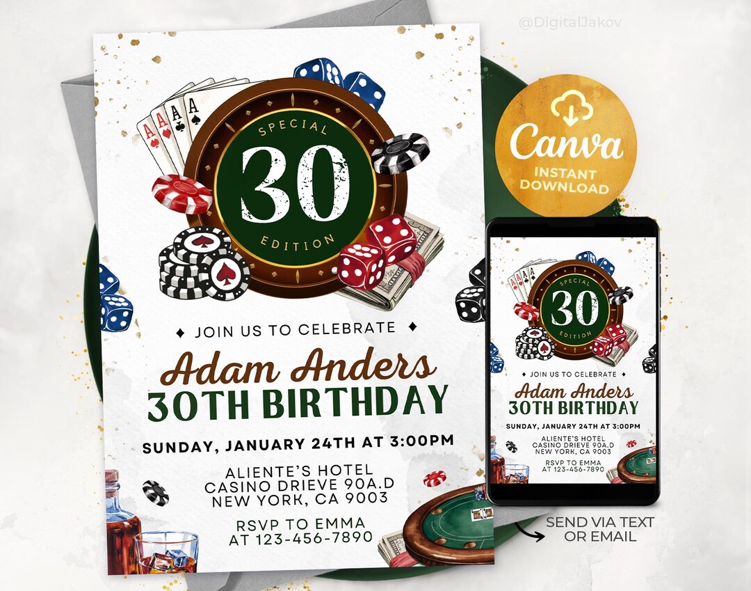 Casino Invitation, 30th 40th 50th 60th Poker Birthday Party, Casino ...