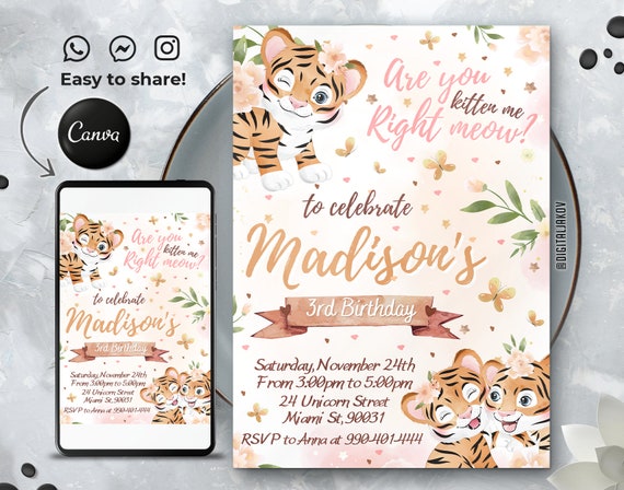 Editable Tiger Birthday Invitation Template, Printable Birthday Party ...