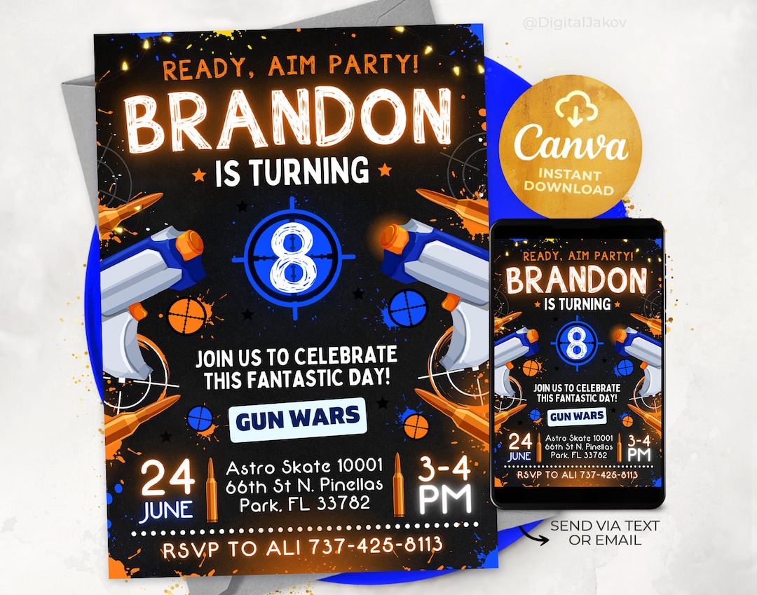 DART GUN Birthday Invitation, Dart Gun Editable Template, Dart Gun ...