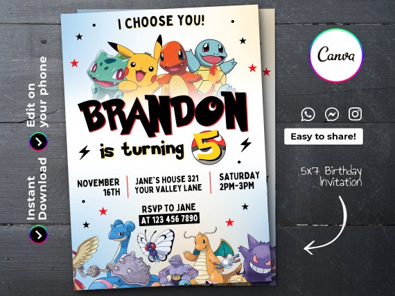 Editable Pikachu Birthday Invitation Template, Printable Birthday Party ...