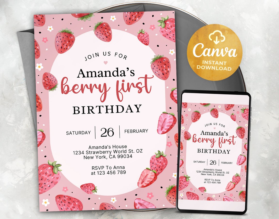Editable Berry First Birthday Invitation Template, Berry First Birthday ...