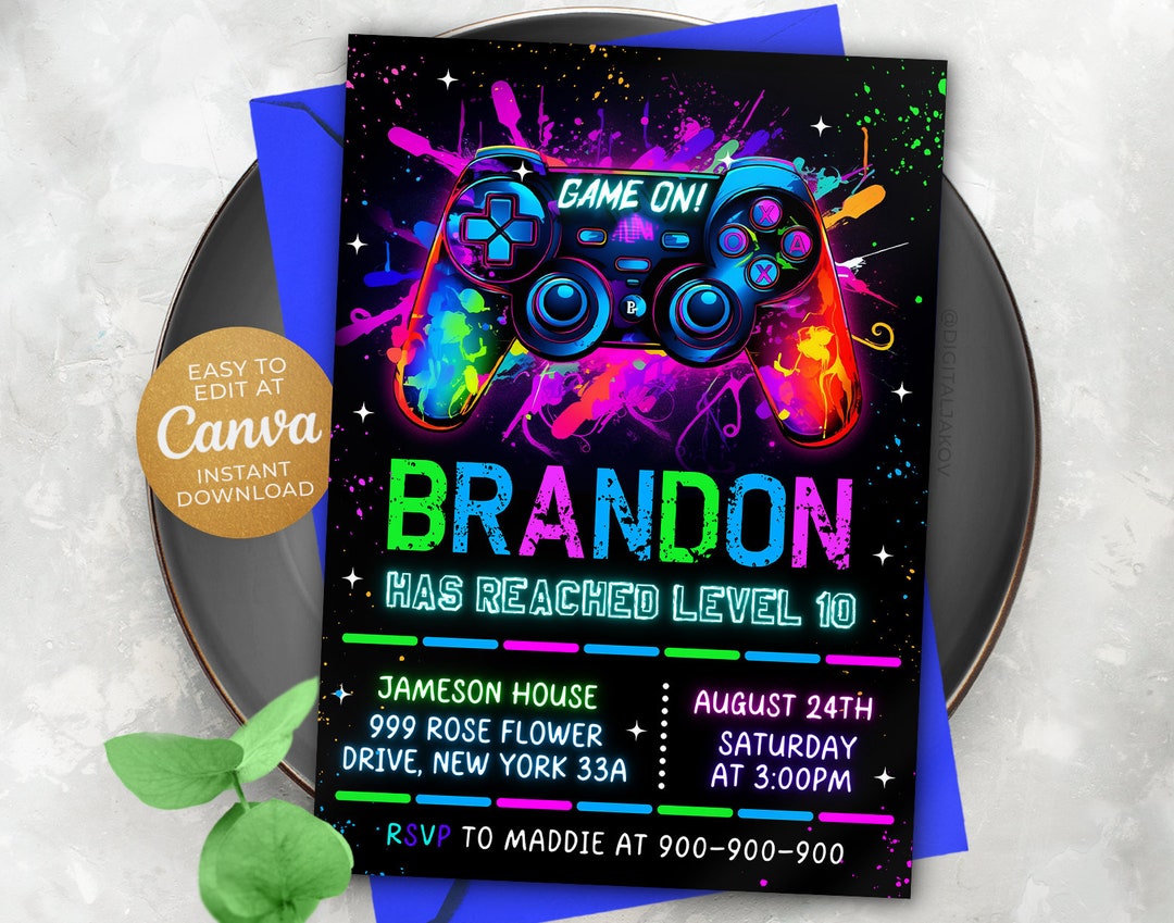 Video Game Party Invitation, Printable Gamer Birthday Invite, Neon ...