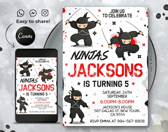 Editable Ninja Birthday Invitation Template, Printable Birthday Party ...